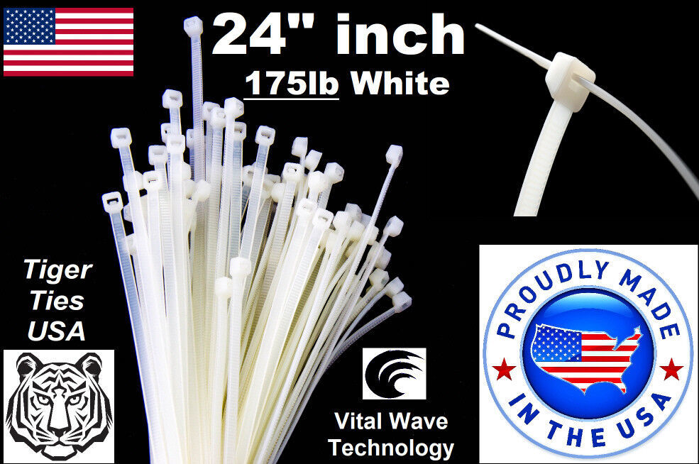 10 White 24" inch Wire Cable Zip Ties Nylon Tie Wraps 175lb USA Made ...