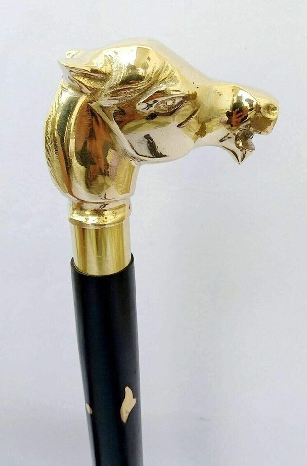 Wooden Walking Stick Vintage Solid Brass Horse Head Handle Walking Cane ...