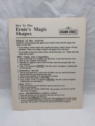 Vintage 1988 Sesame Street How To Play Ernie's Magic Shapes Sheet ...