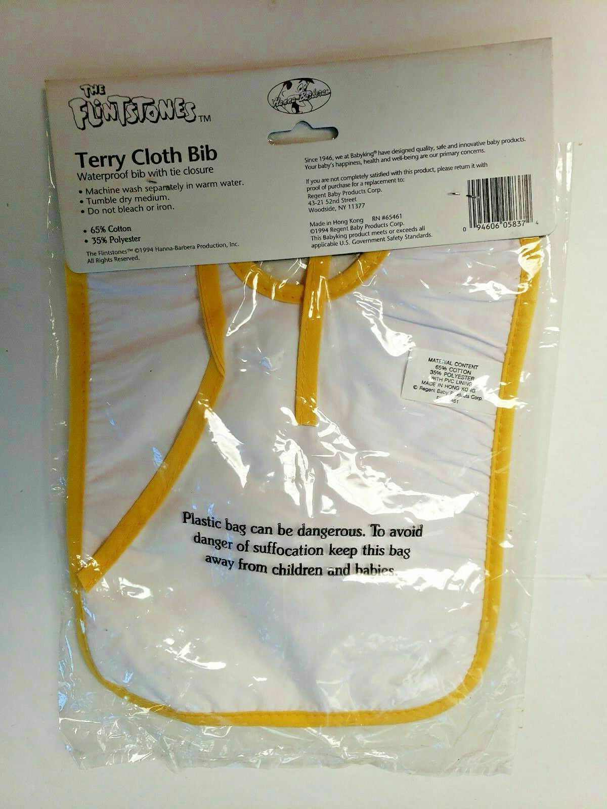 1984 Flintstone New Yellow Terry Cloth Baby Bib Hanna Barbera U166 - Action Figures