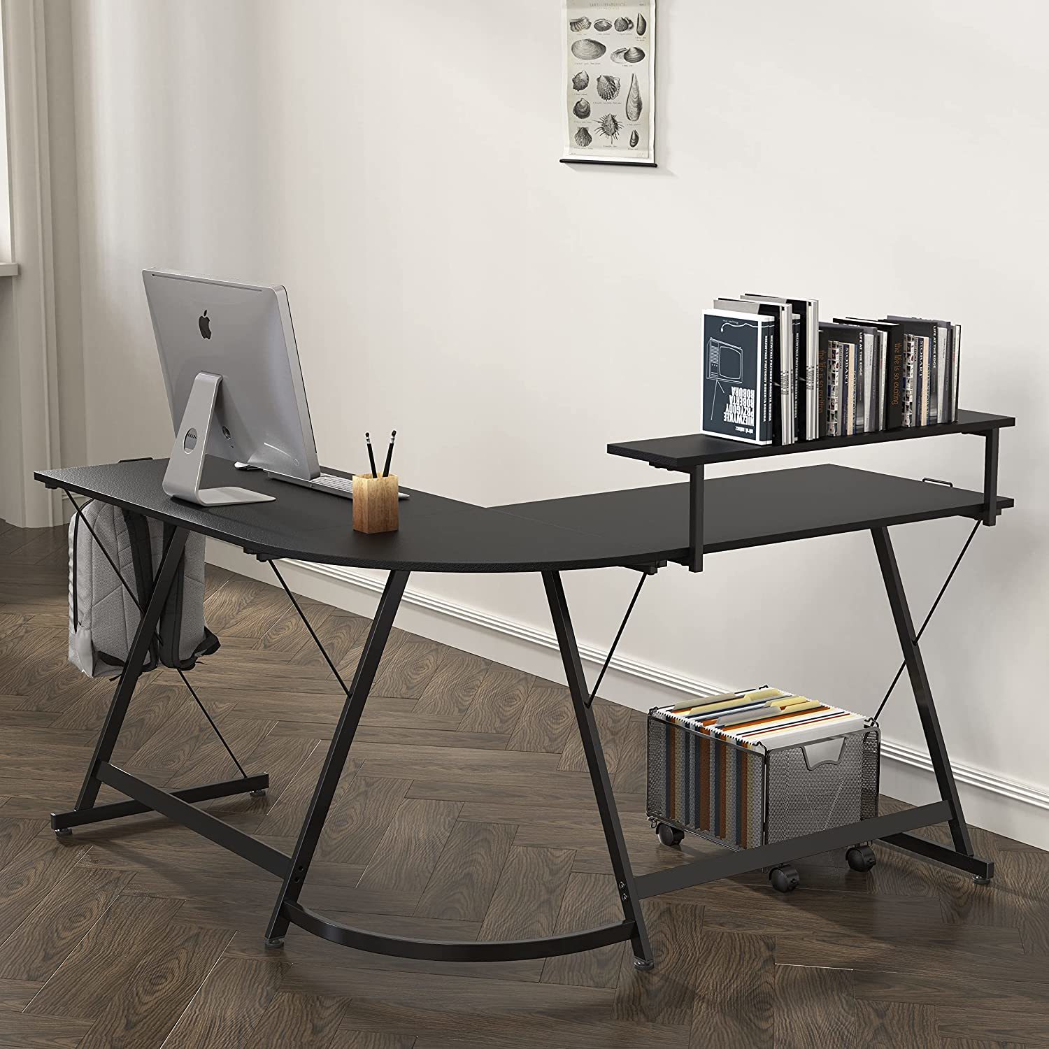 Shw Vista L-Shaped Desk With Monitor Stand, Black - Desks & Home Office ...