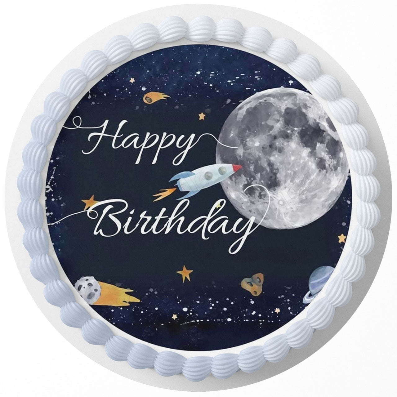 Space Rocket Moon Edible Cake Image Topper Birthday Photo Icing Fondant ...