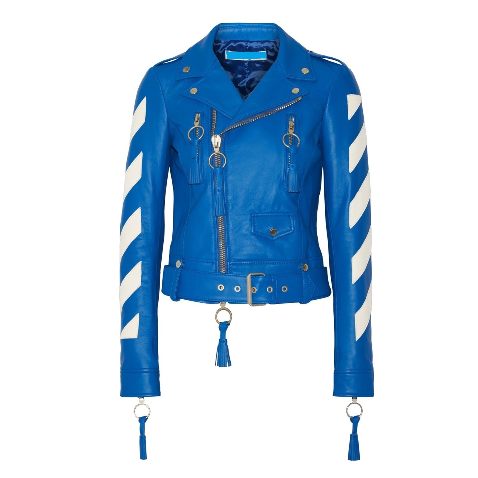 Handmade Woman's Cropped Tasseled Leather Biker Jacket, Bright Blue ...