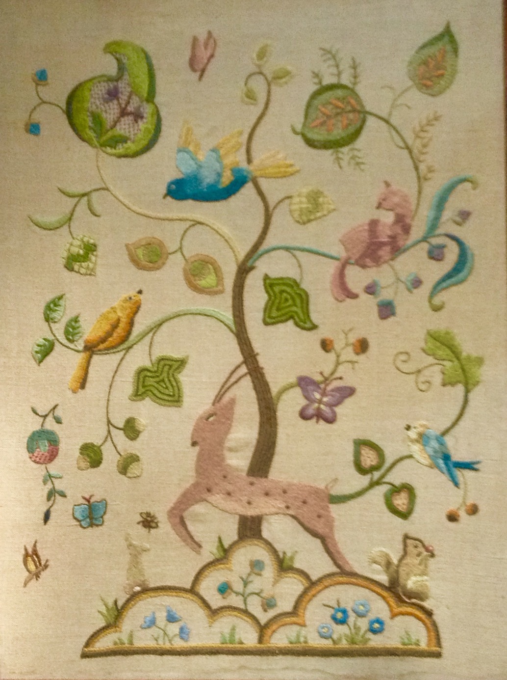 18th Century Pennsylvania Tree of Life Jacobean Crewel Embroidered Fire ...