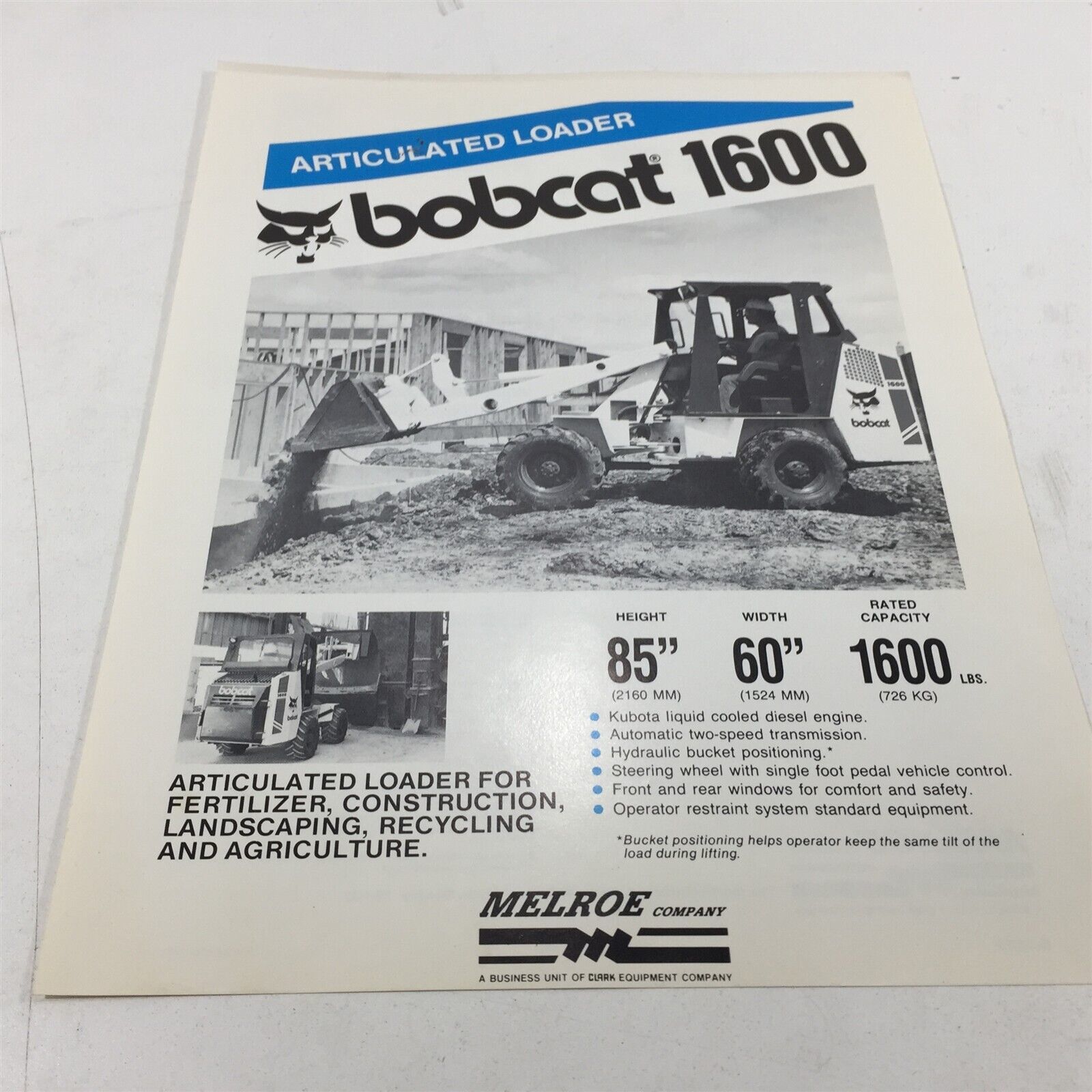 Genuine Original 1986 Bobcat 1600 Articulated Loaders Brochure B-1529 ...