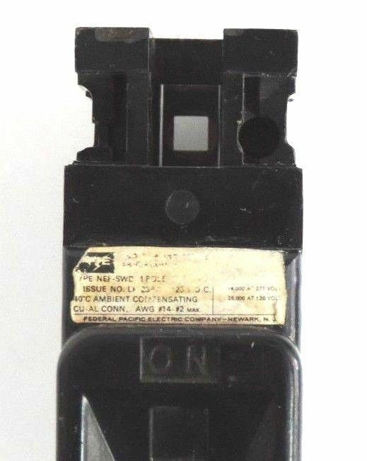 LOT OF 2 FEDERAL PACIFIC NEF-SWD CIRCUIT BREAKERS 15AMP 277V LK-2387 ...
