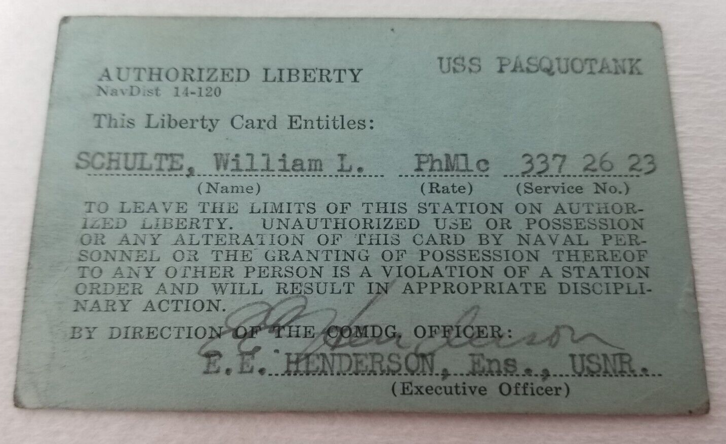 WW2 Liberty Card Authorized USS Pasquotank Gas Tanker 1945 - Other
