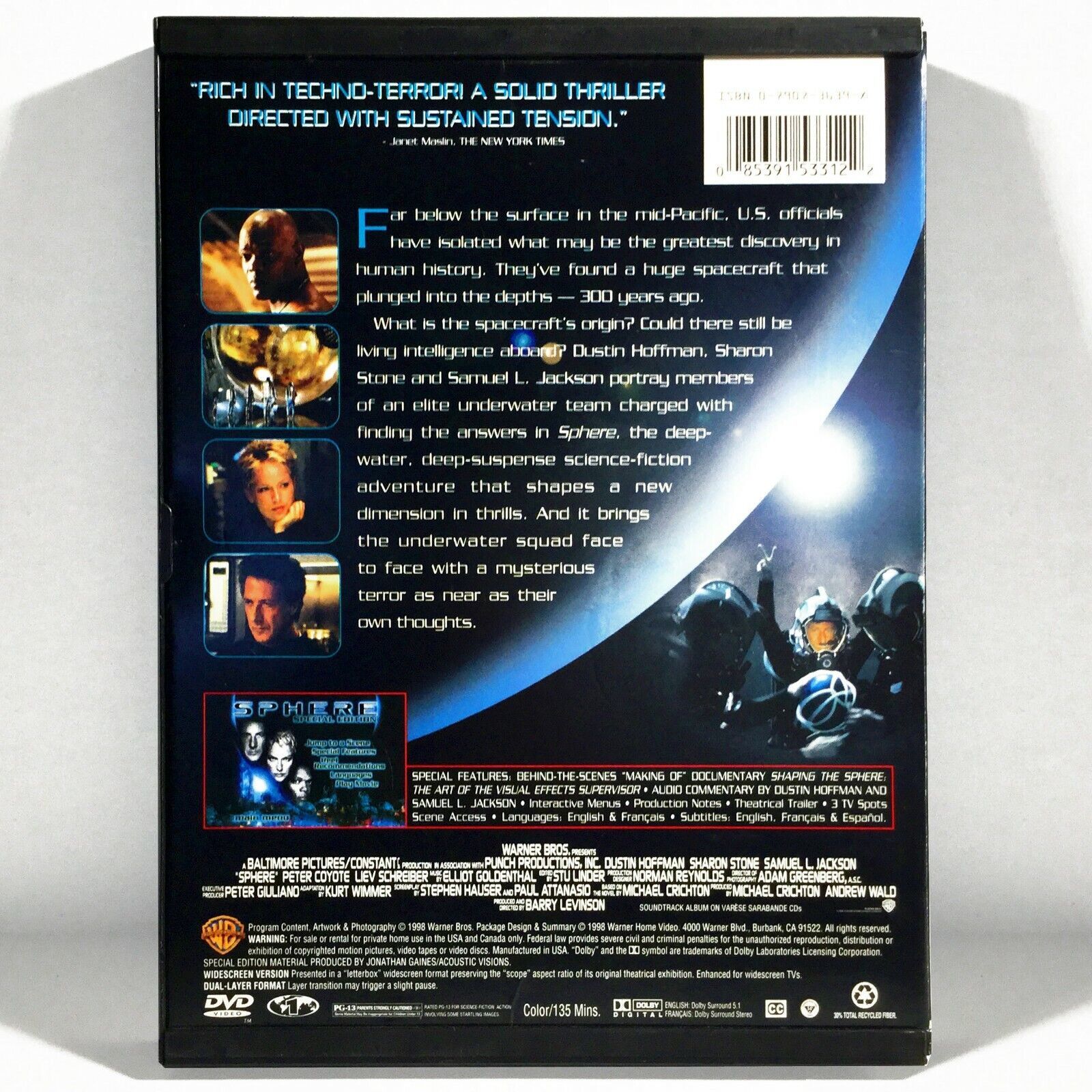 Sphere (DVD, 1998, Widescreen) Like New ! Sharon Stone Dustin Hoffman ...