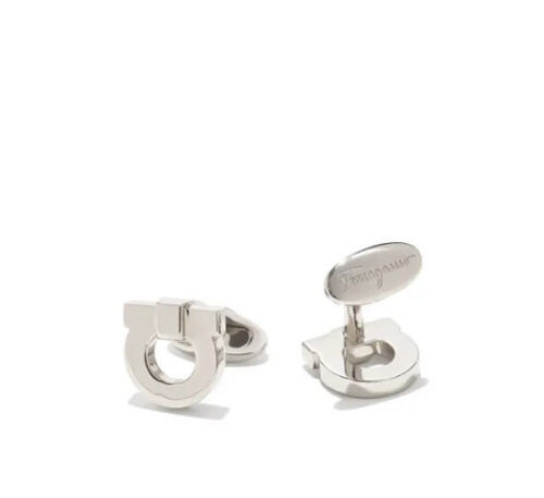 SALVATORE FERRAGAMO Gancini Men’s Cufflinks Logo Brass Silver New Italy ...