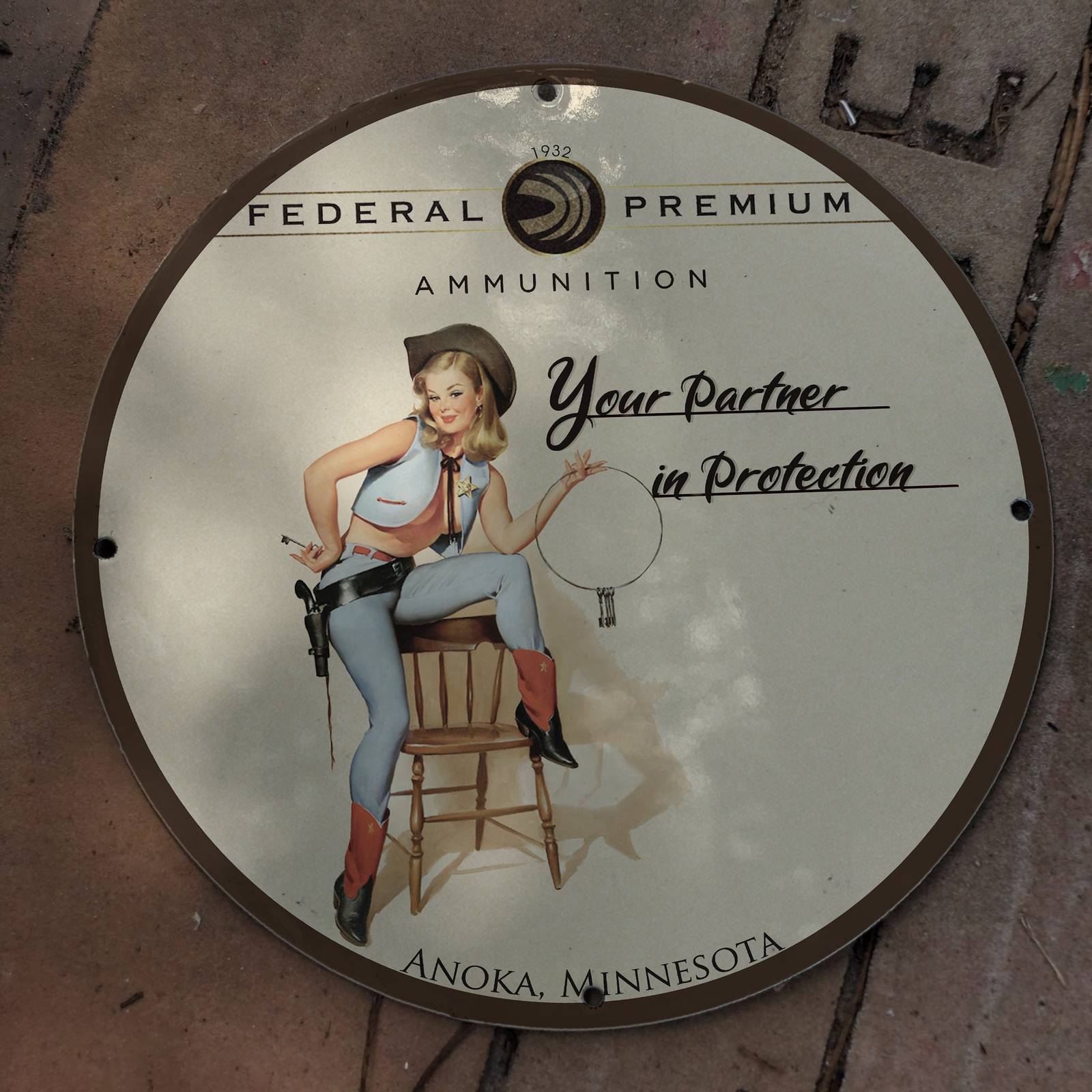Vintage 1932 Federal Premium Ammunition Porcelain 'Lady Sheriff' Gas ...