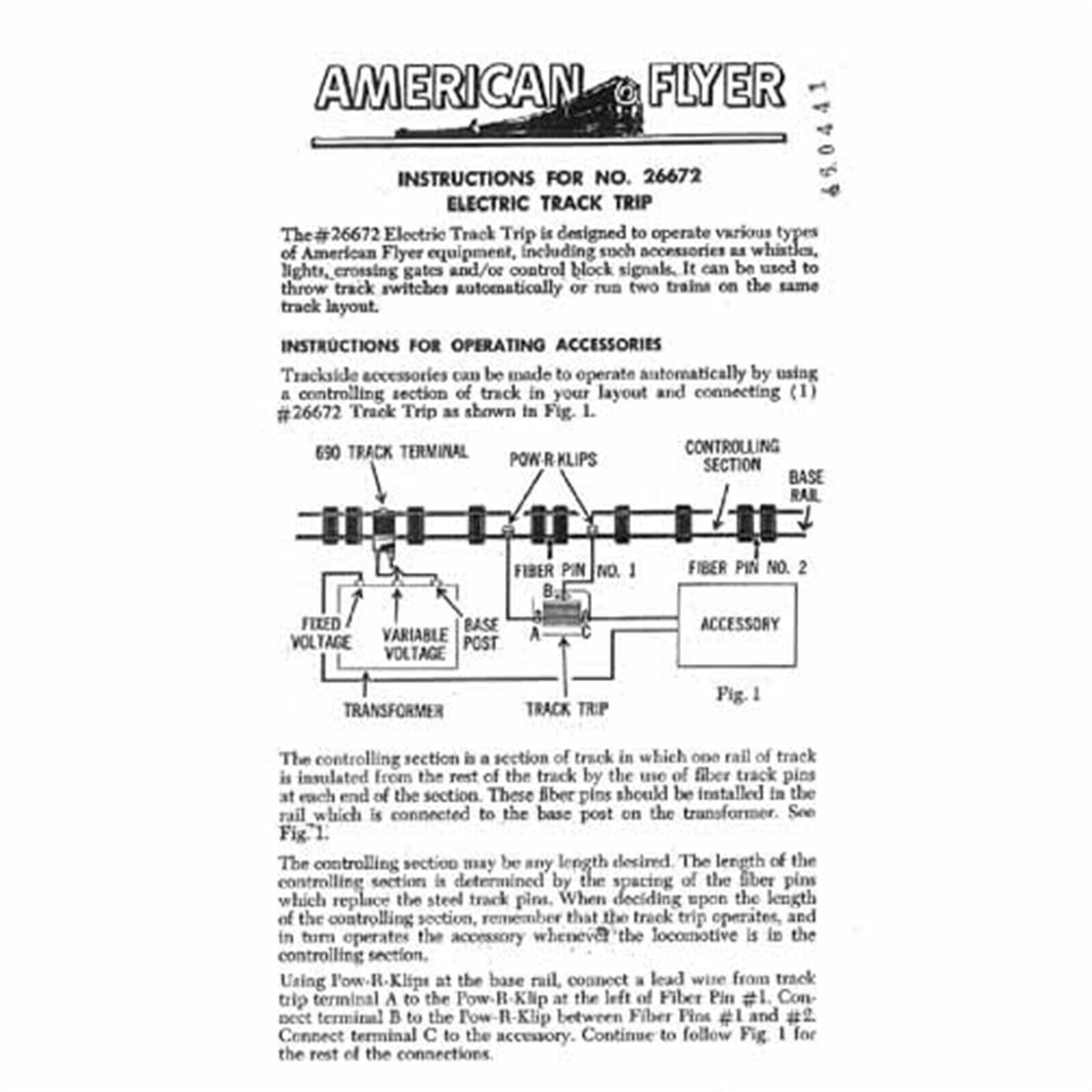 AMERICAN FLYER 26672 TRACK TRIP INSTRUCTIONS S GAUGE Copy of Original ...