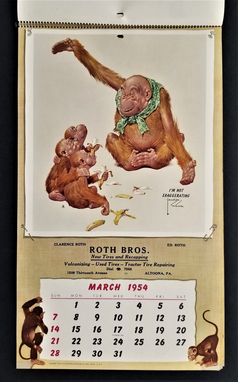 1954 antique LAWSON WOOD MONKEY wall CALENDAR altoona pa ROTH BROS ...
