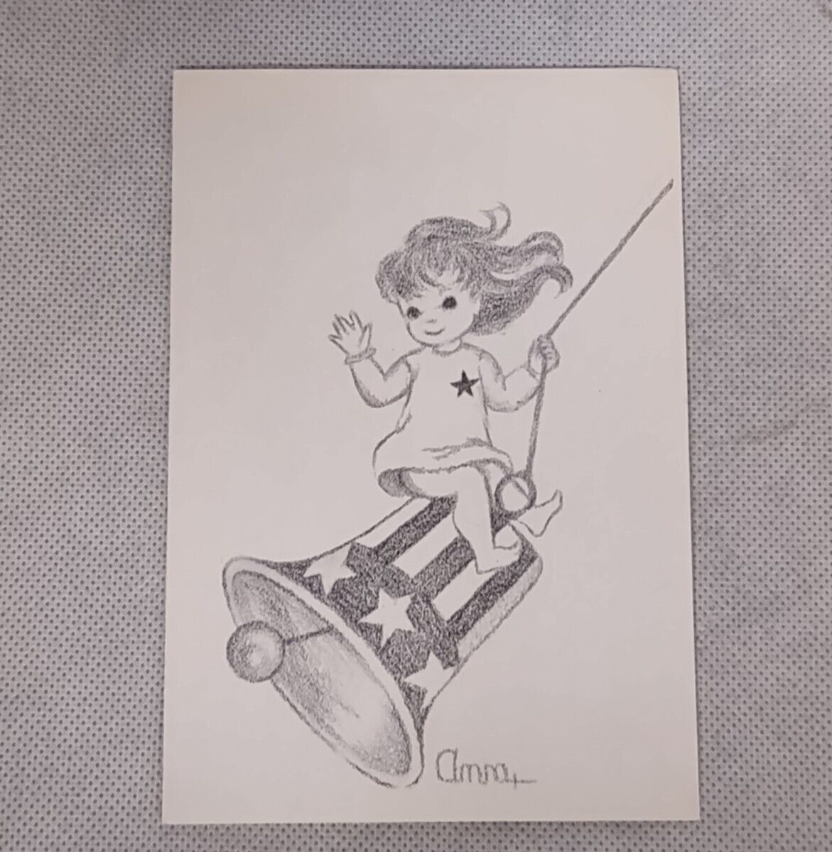 Ann Adams Pencil Drawing Card 79 Girl on Patriotic Bell - Paper