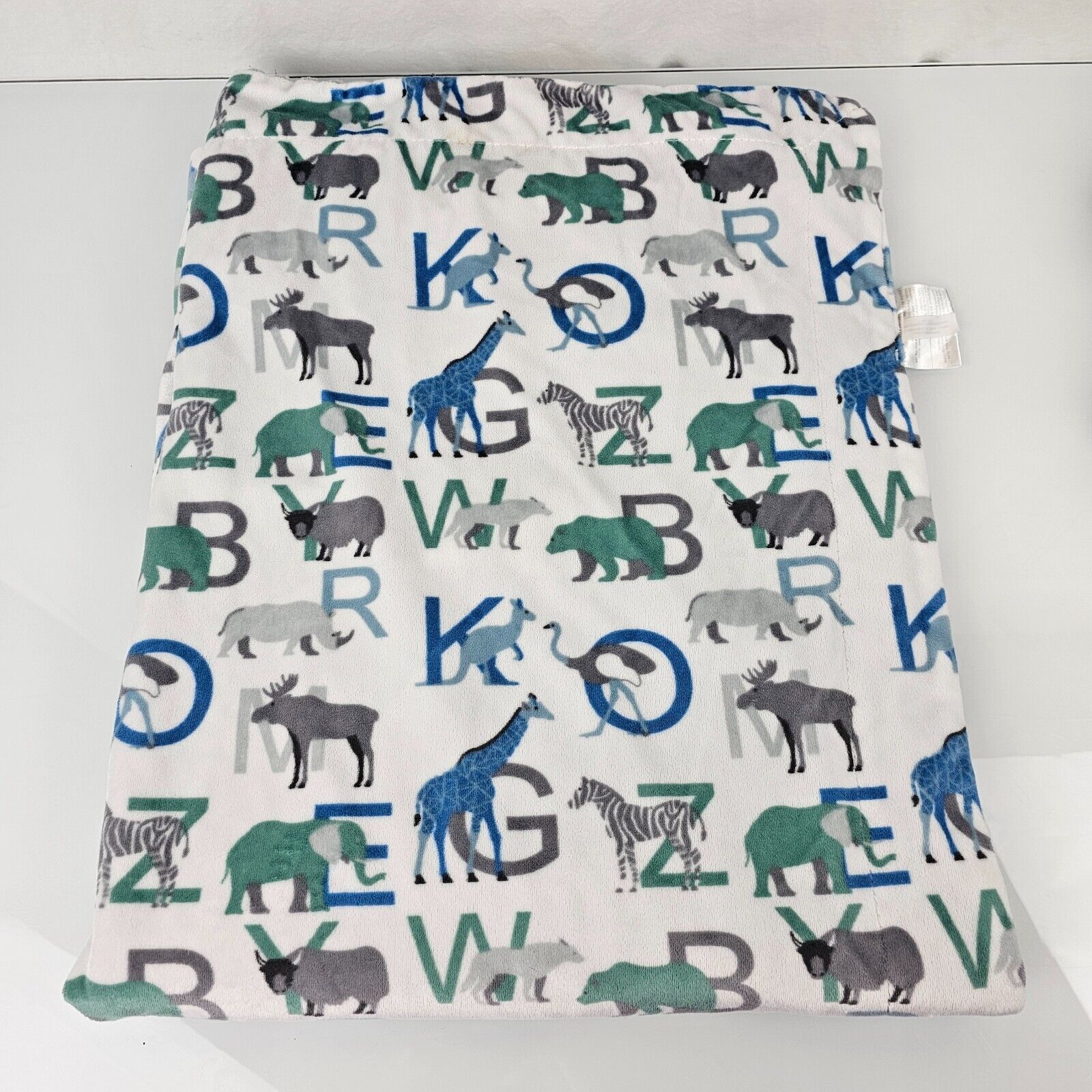 Baby Thro Blanket White Gray Blue Alphabet ABC Letter Zoo Jungle Safari ...