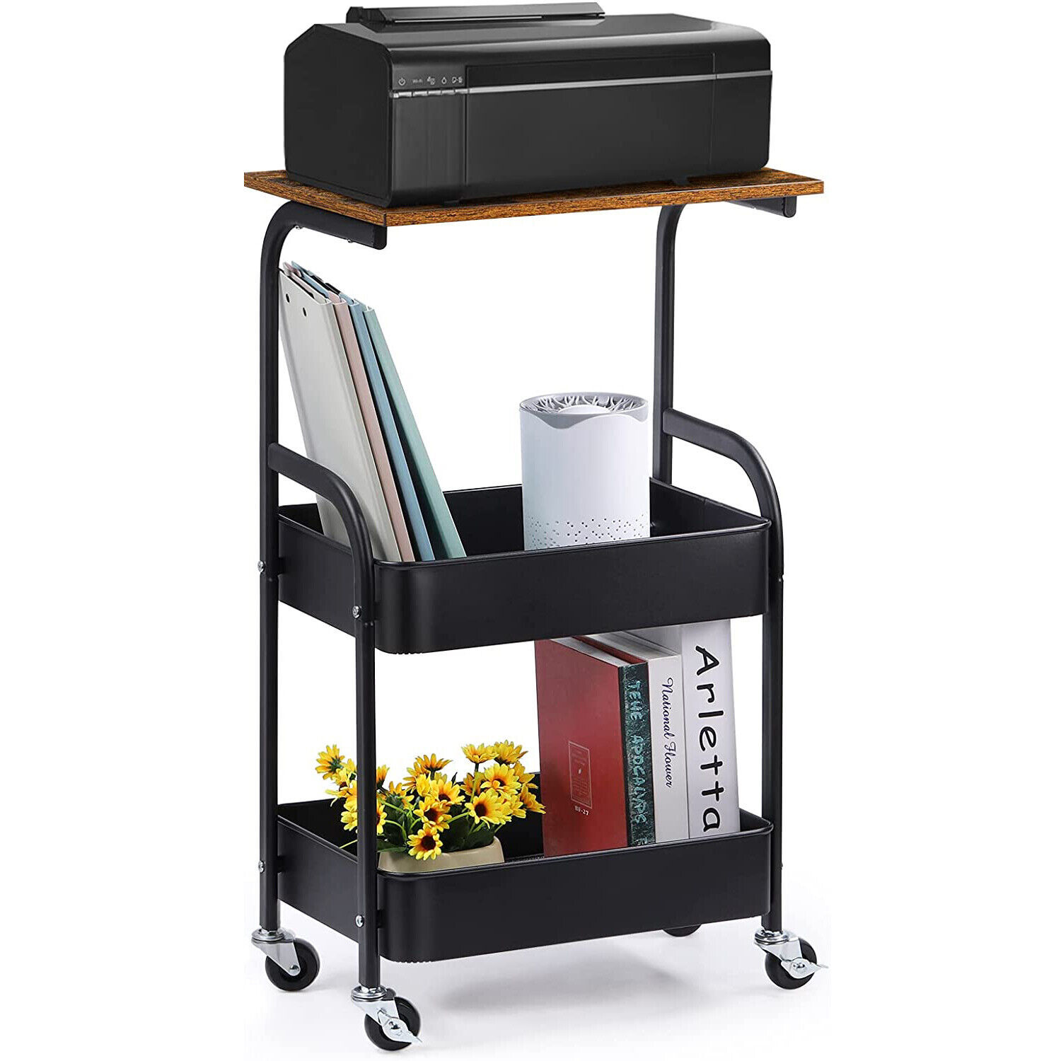 3 Tier Printer Stand,Printer Cart W/Storage Baskets Rolling Printer ...