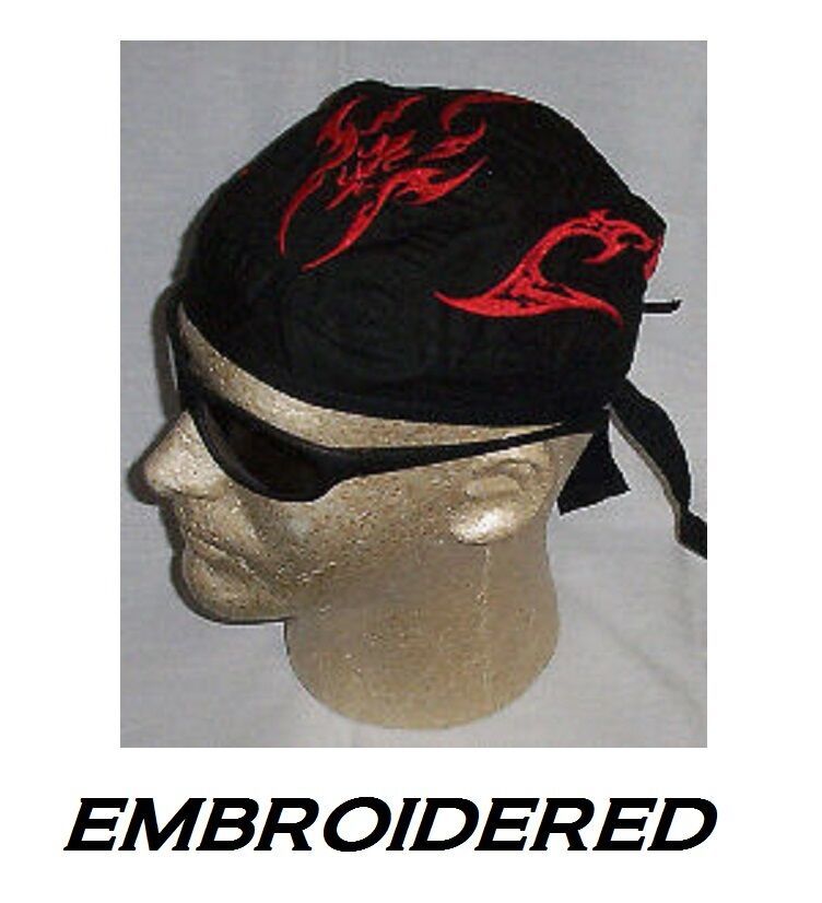 RED BLADE FLAME Tribal EMBROIDERED FITTED Tied Head BANDANA Doo Do Rag ...