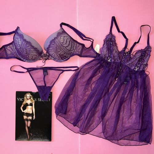 Victoria's Secret 32D BRA SET+thong+S BABYDOLL dress Purple LACE MESH ...