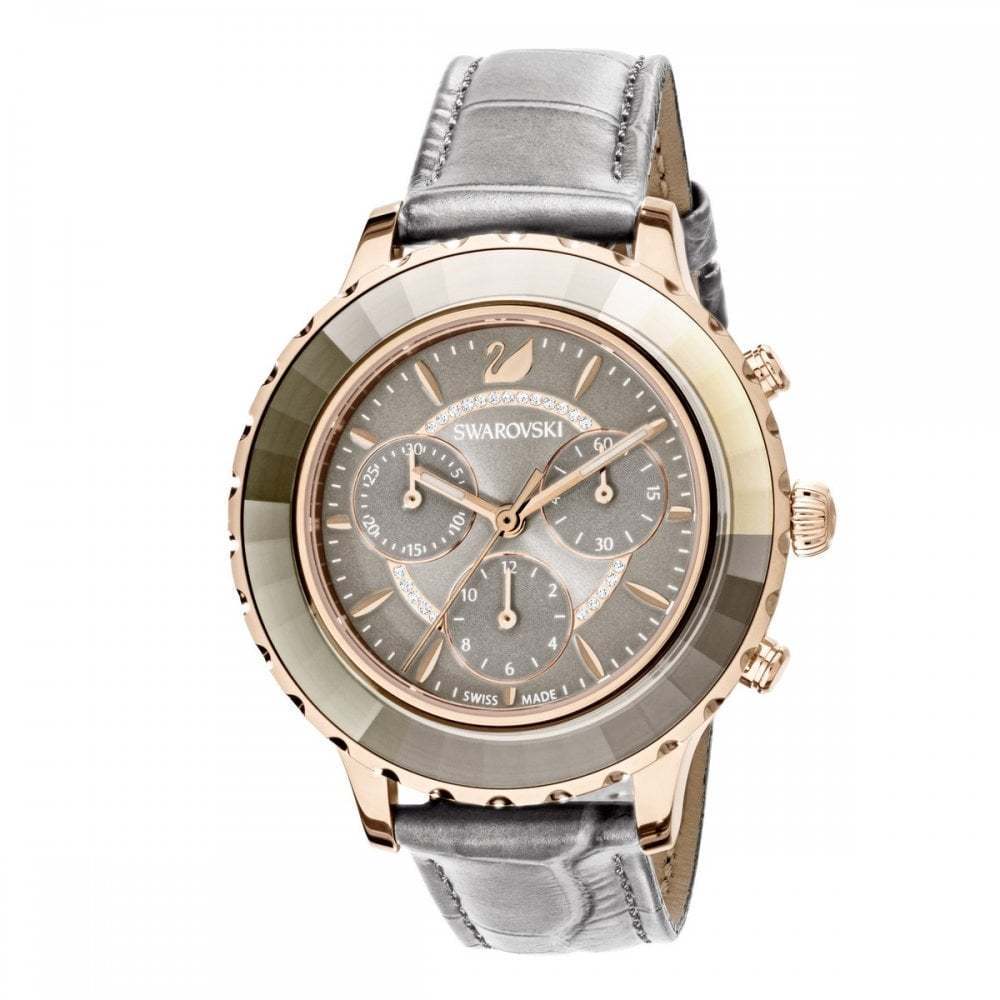 Swarovski 5452495 Octea Lux Gray Leather Strap PVD Rose gold-plated ...