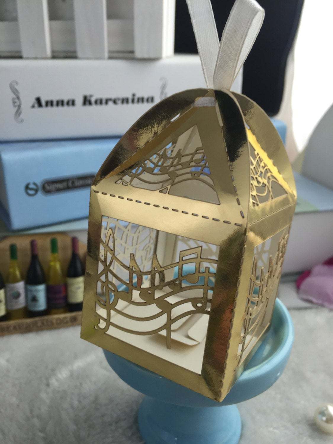 100pcs Music Note Metallic Gold Laser Cut Candy Box with ribbon,Wedding ...