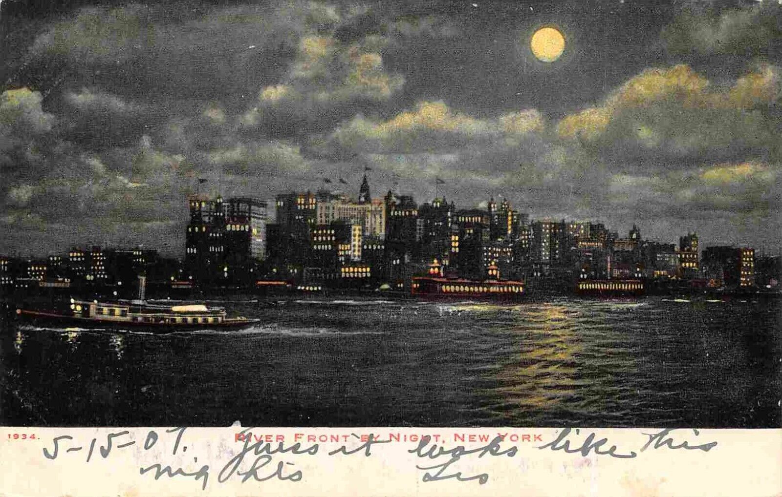 Riverfront Skyline Ferries Moonlight Night New York City 1907 postcard ...