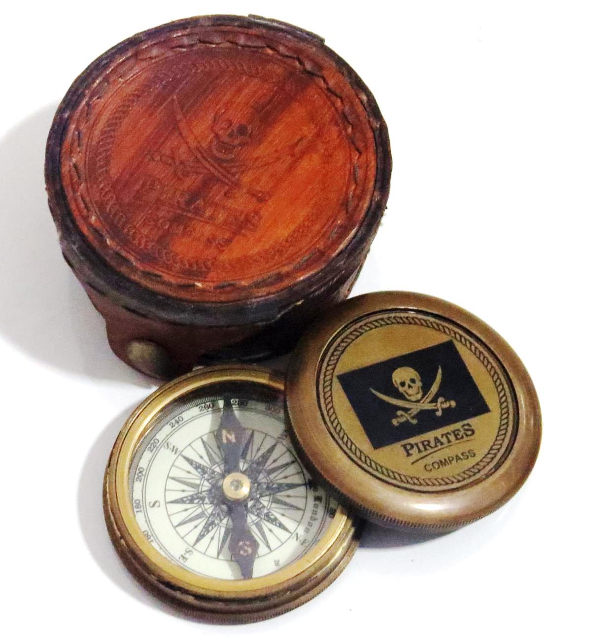 NauticalMart 2" Pocket Antique Brass Pirate Compass W/Leather Case ...
