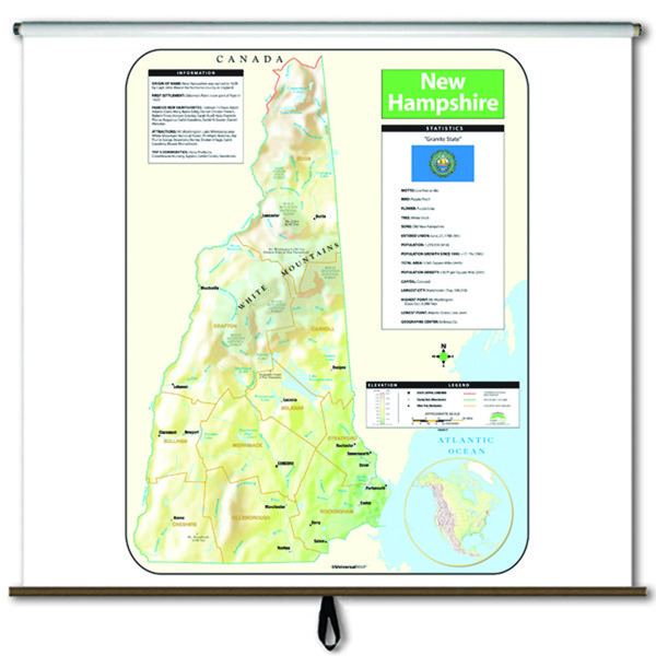 New Hampshire Large Scale Shaded Relief Wall Map on Roller - Maps & Atlases