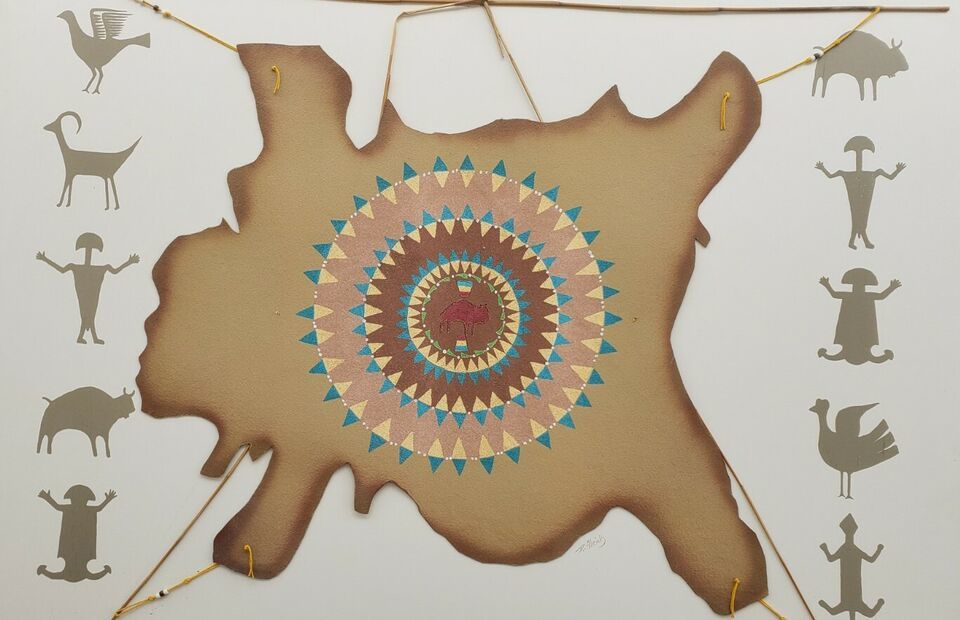 Signed R. Atkins Southwest Pueblo Indian Buffalo Shield Mixed Media Art ...