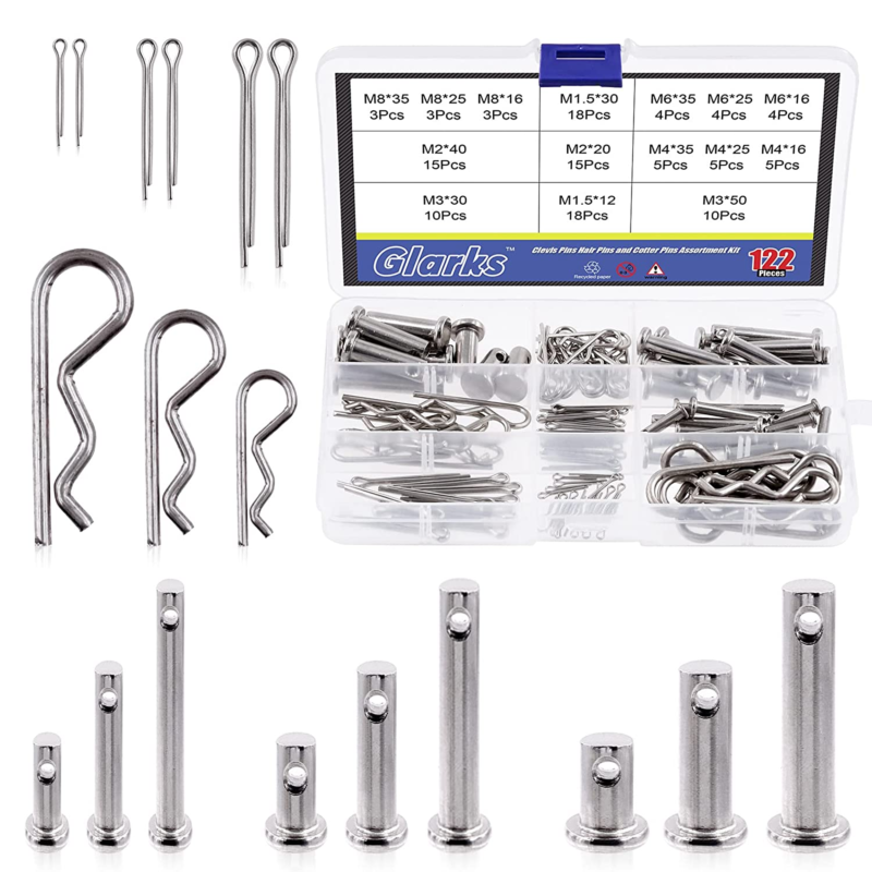 122Pcs 4 Styles Clevis Pin/Cotter Pin/Hair Pin/Dowel Pin Assortment Set ...