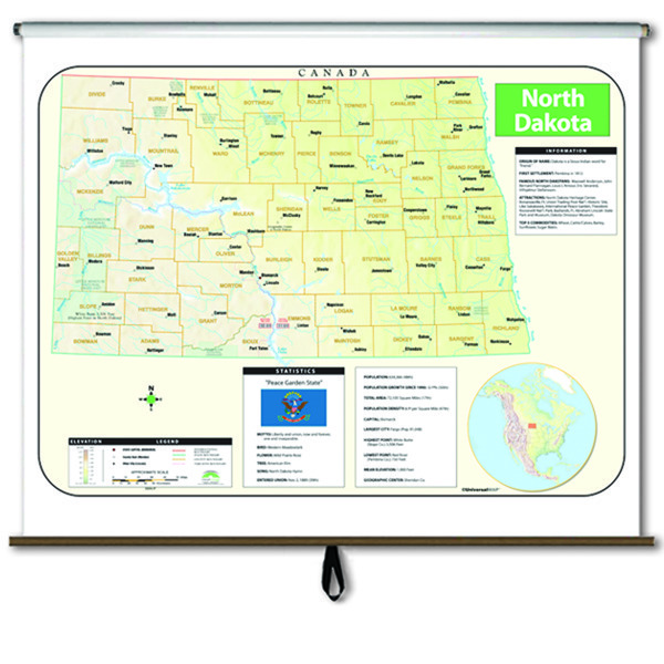 North Dakota Large Scale Shaded Relief Wall Map on Roller - Maps & Atlases