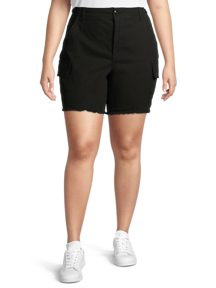 Terra & Sky Women's Plus Denim Utility Shorts Size 16W Solid Black ...
