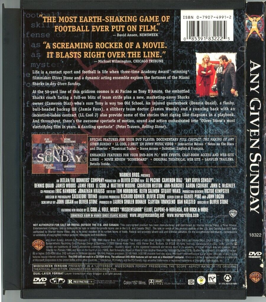 Any Given Sunday 1999 DVD Widescreen, Al Pacino, Dennis Quaid, Cameron ...