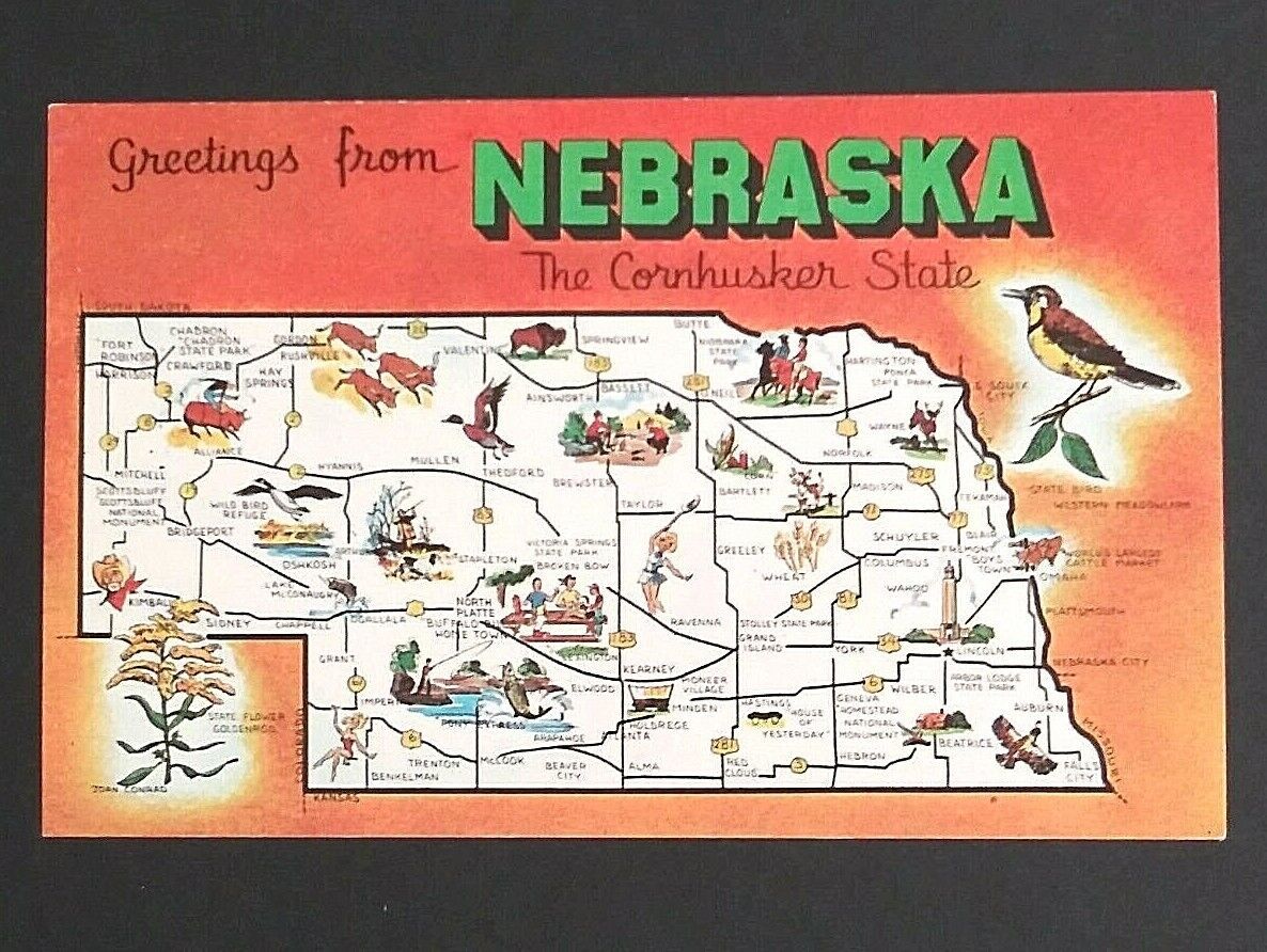Nebraska State Map Large Letter Greetings Dexter Press c1960s UNP ...