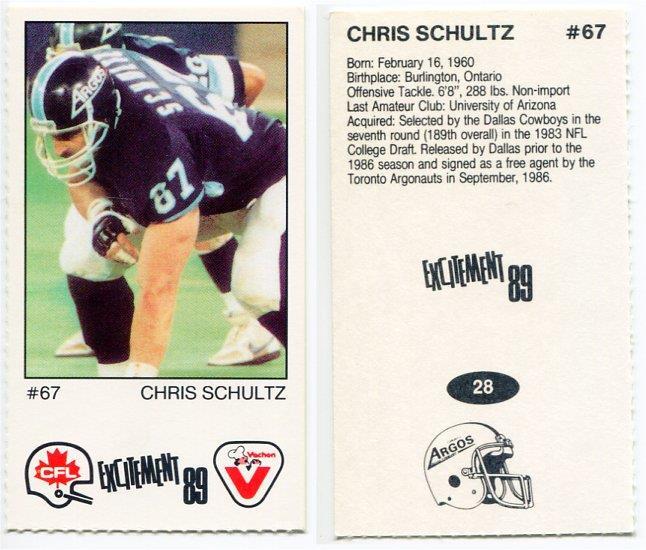 1989 Vachon Chris Schultz Card #28 Toronto Argonauts University of ...