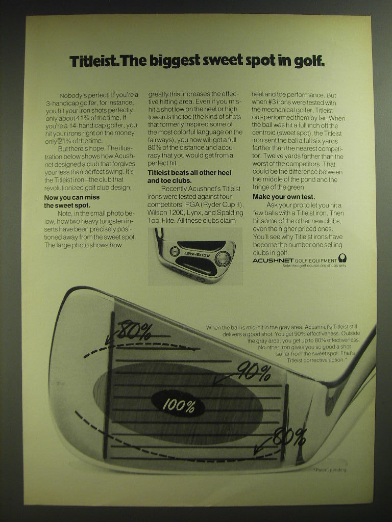 1974 Acushnet Titleist Iron Golf Club Ad - The biggest sweet spot in ...