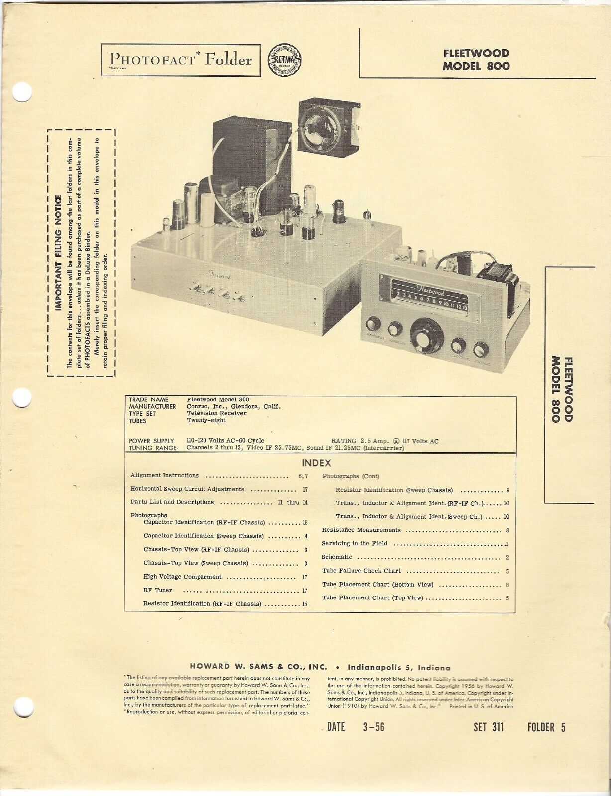 1956 FLEETWOOD Model 800 TELEVISION Tv Receiver Photofact MANUAL Conrac ...