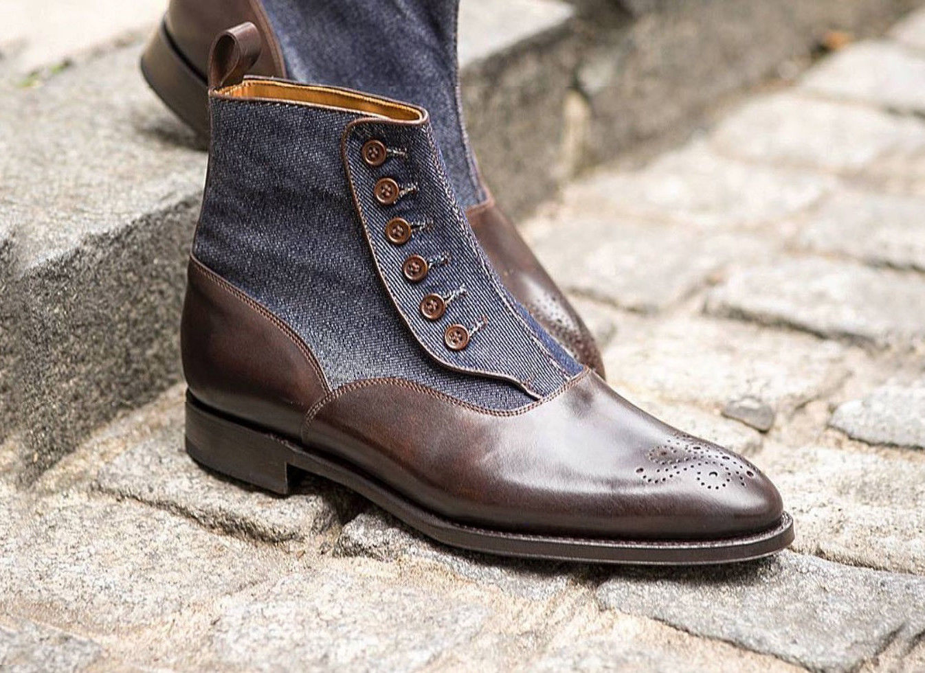 New Handmade Men's Button Boot, Men's Chocolate Brown Leather & Tweed ...