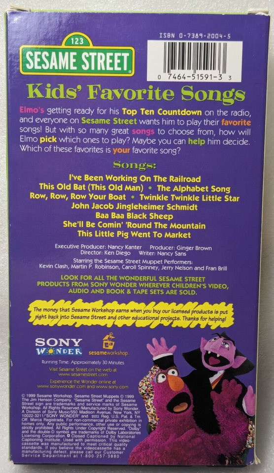 VHS Sesame Street - Kids Favorite Songs (VHS, 1999, Sony Wonder) - VHS ...