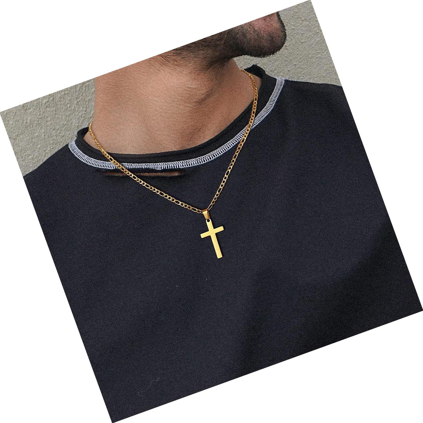 Stainless Steel Cross Necklaces for Men Figaro Chain Black - Keychains