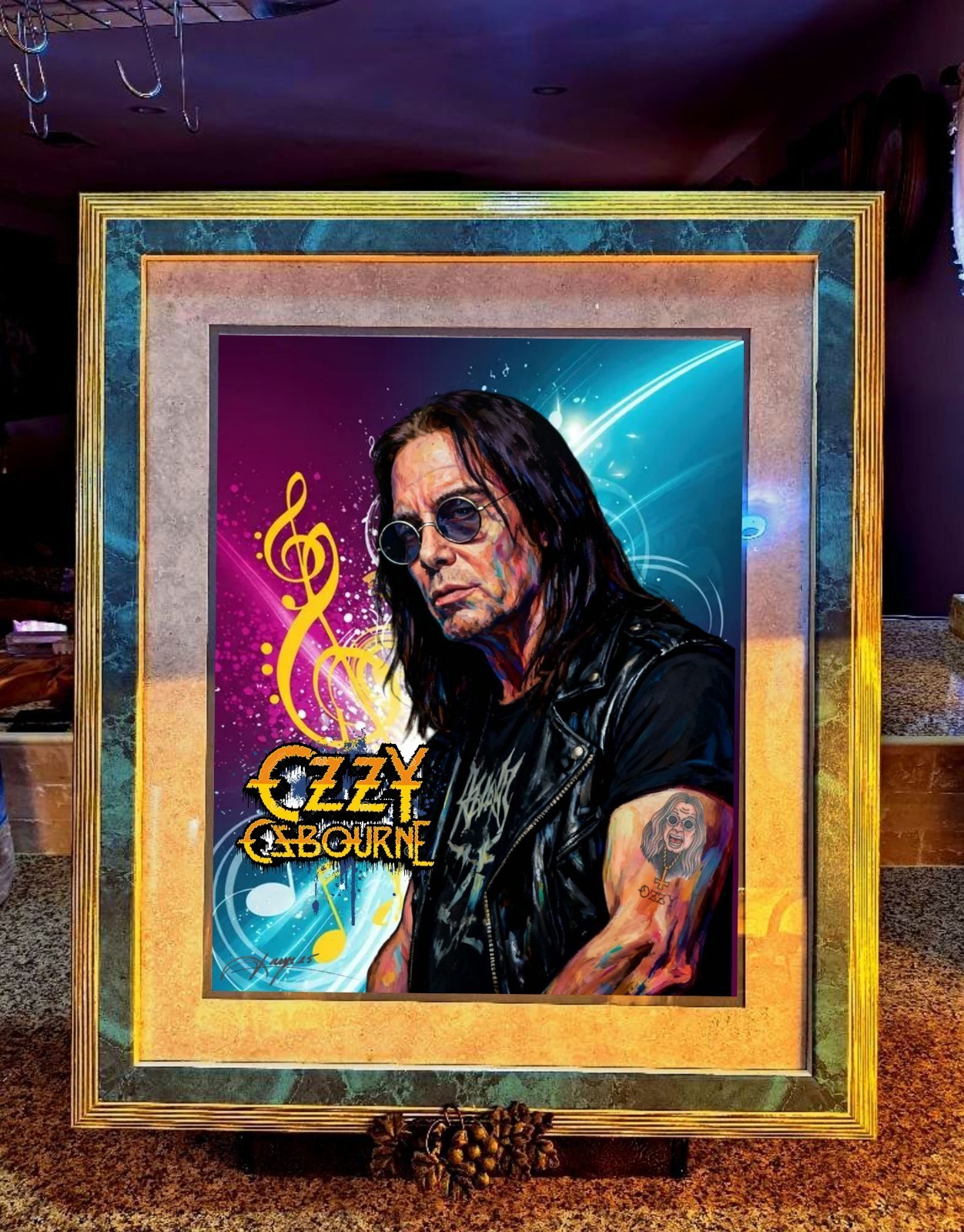 Ozzy Osbourne 24X29 gold and green marble frame hand signed by the ...