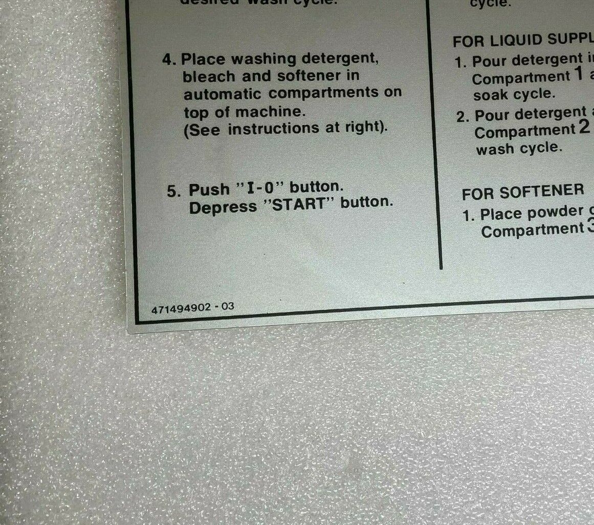 NEW Front Load Washer Decal Label For Wascomat P/N: 471494902 471 ...