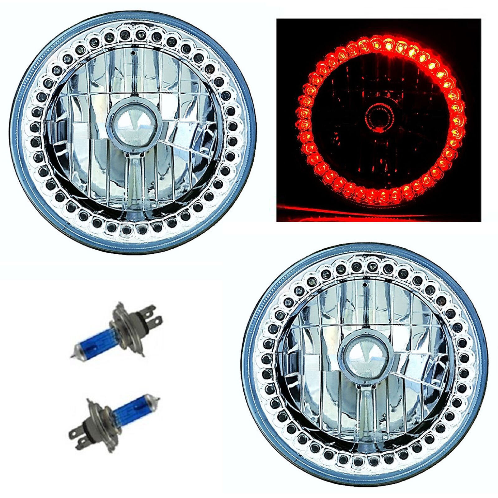 7" Halogen Red LED Halo Ring Angel Eyes Headlight Headlamp Light Bulbs ...
