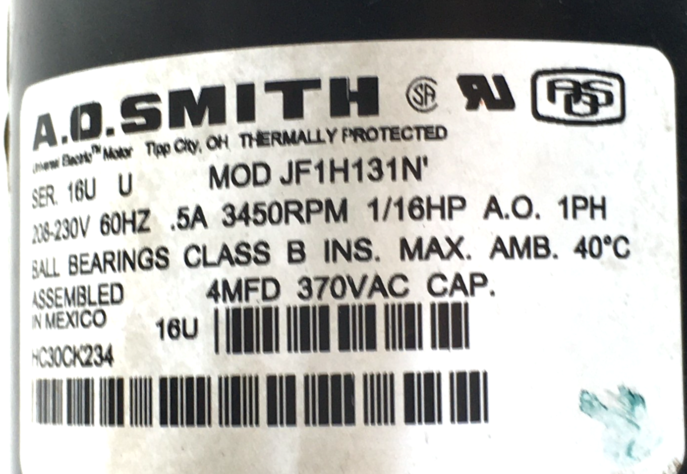 A.O. Smith HC30CK234 Draft Inducer Blower Motor Assembly JF1H131N used ...