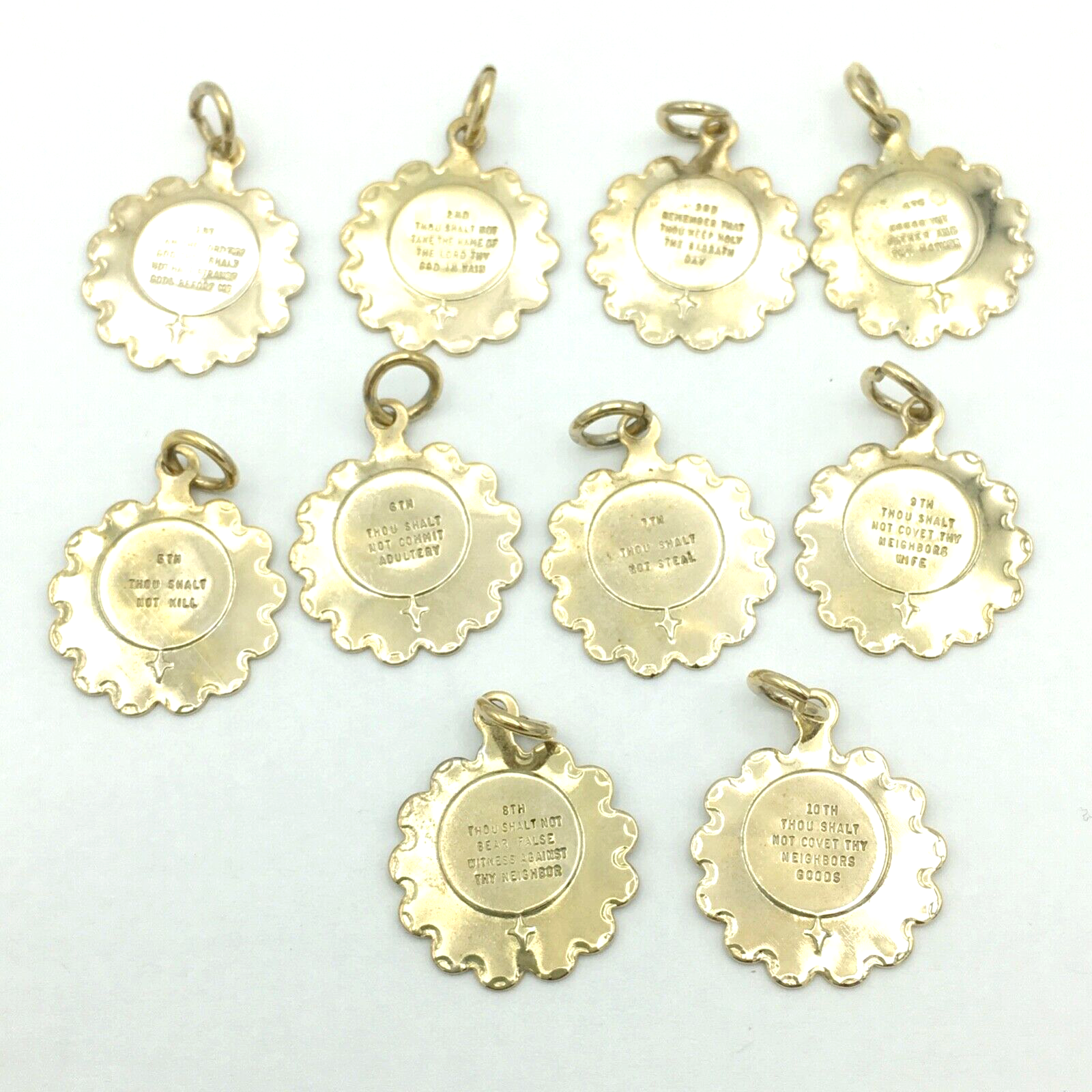 TEN COMMANDMENTS vintage gold-tone engraved flower charms - 3/4 ...