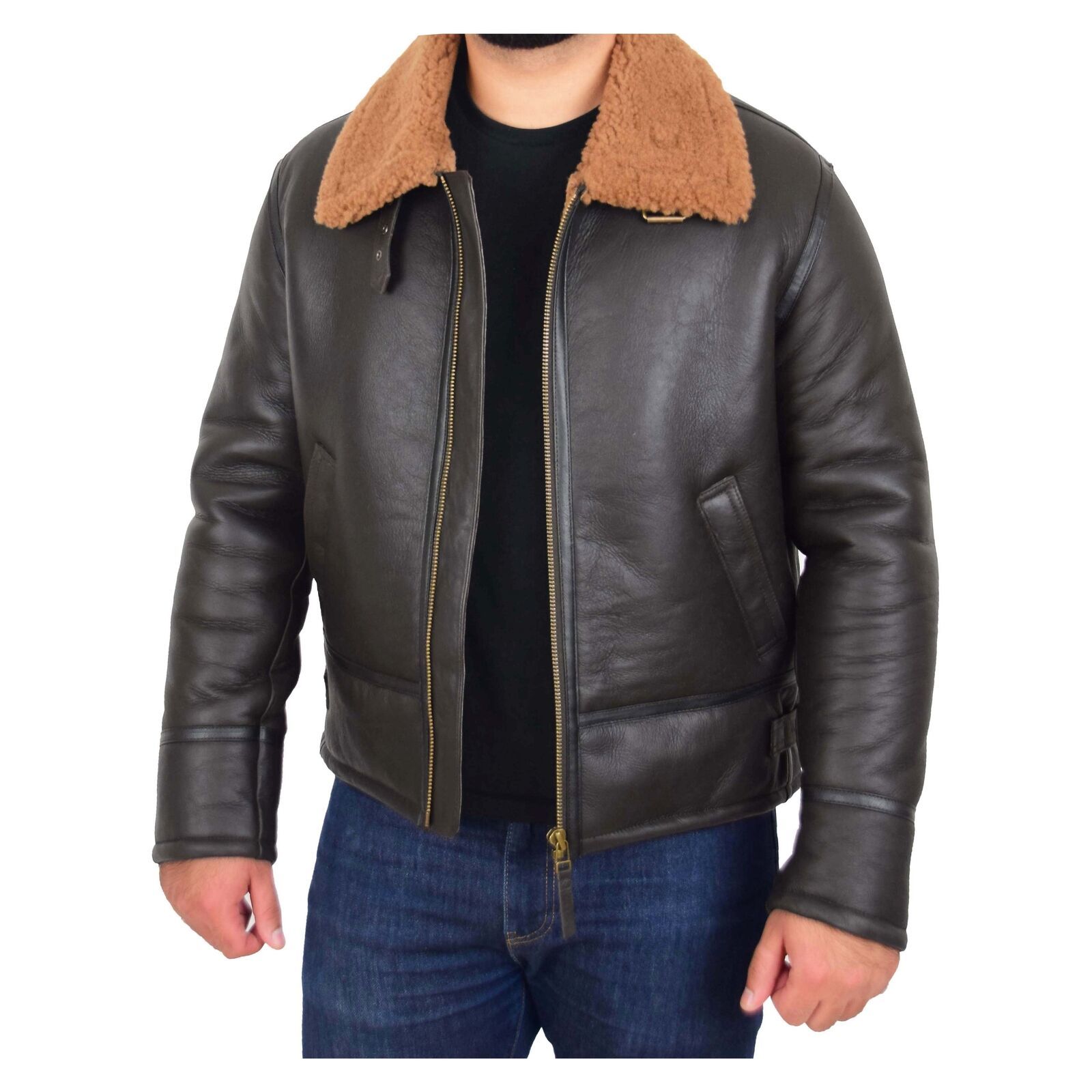 Men's Shearling Top Gun Aviator Style Lamb Leather Sheepskin Jacket Brown DR168 - Coats & Jackets