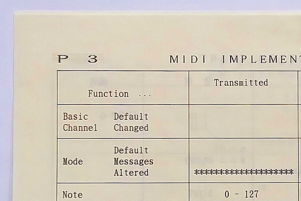 Korg Original MIDI Implementation Chart Sheet for the P3 Piano MIDI Module. - Parts & Accessories