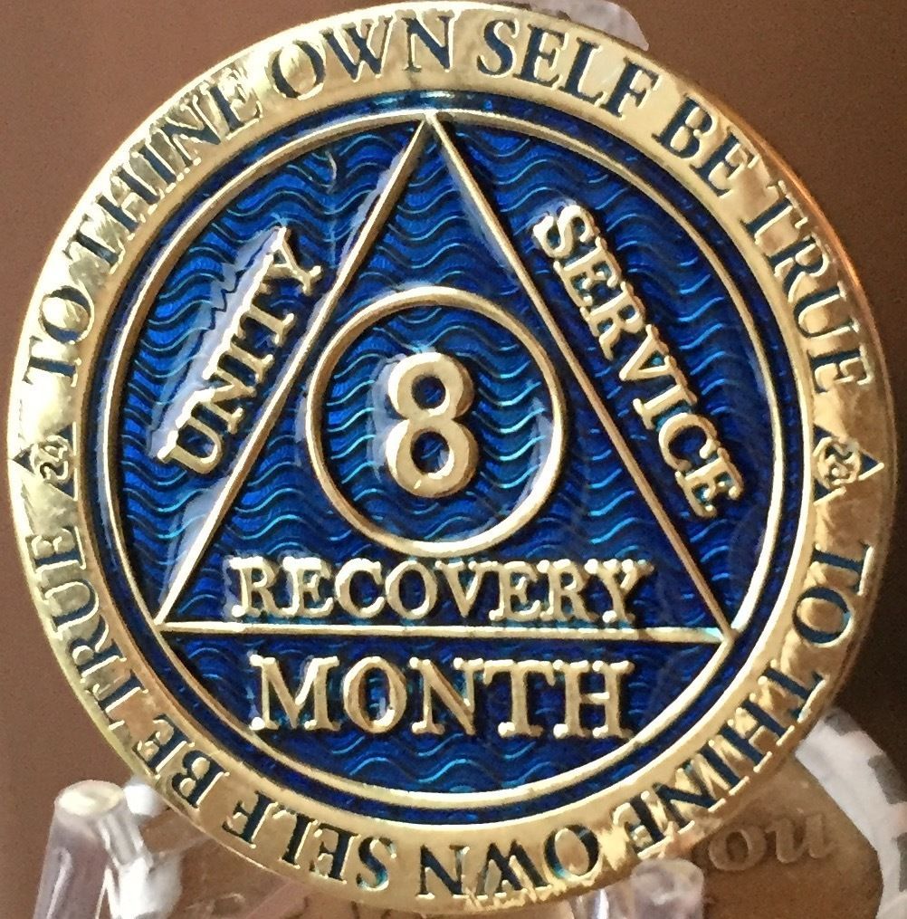 8 Month AA Medallion Reflex Blue Gold Plated Sobriety Chip Coin ...