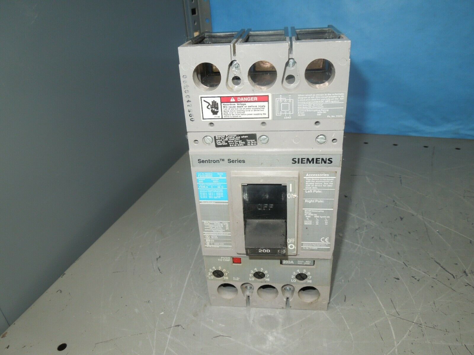 Siemens FXD63B200 Type: FXD6-A 200A 3p 600V Sentron Breaker Tested Used ...