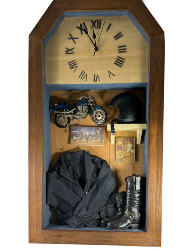 Motorcycle Shadow Box Diorama Clock Vtg Wall Display Jacket Boots ...