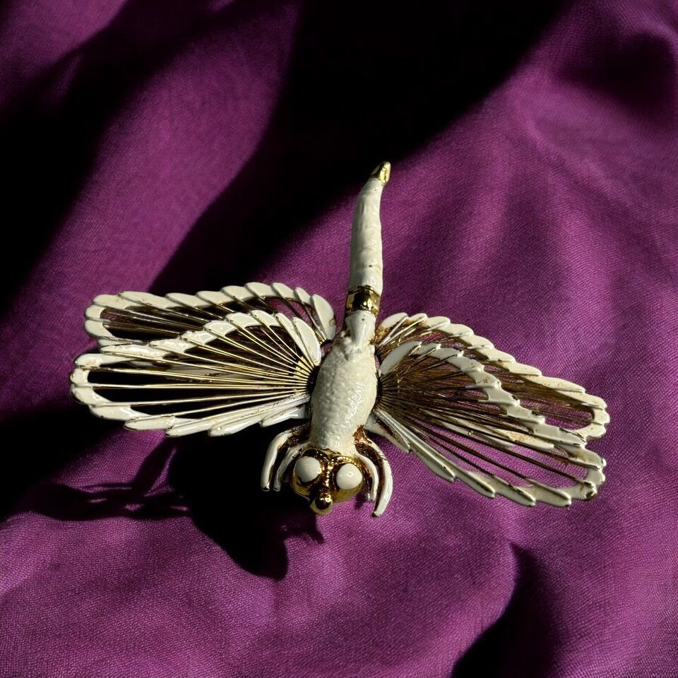 Vintage Signed Monet Dragonfly Brooch Lapel Scarf Pin Gold Tone White Enamel