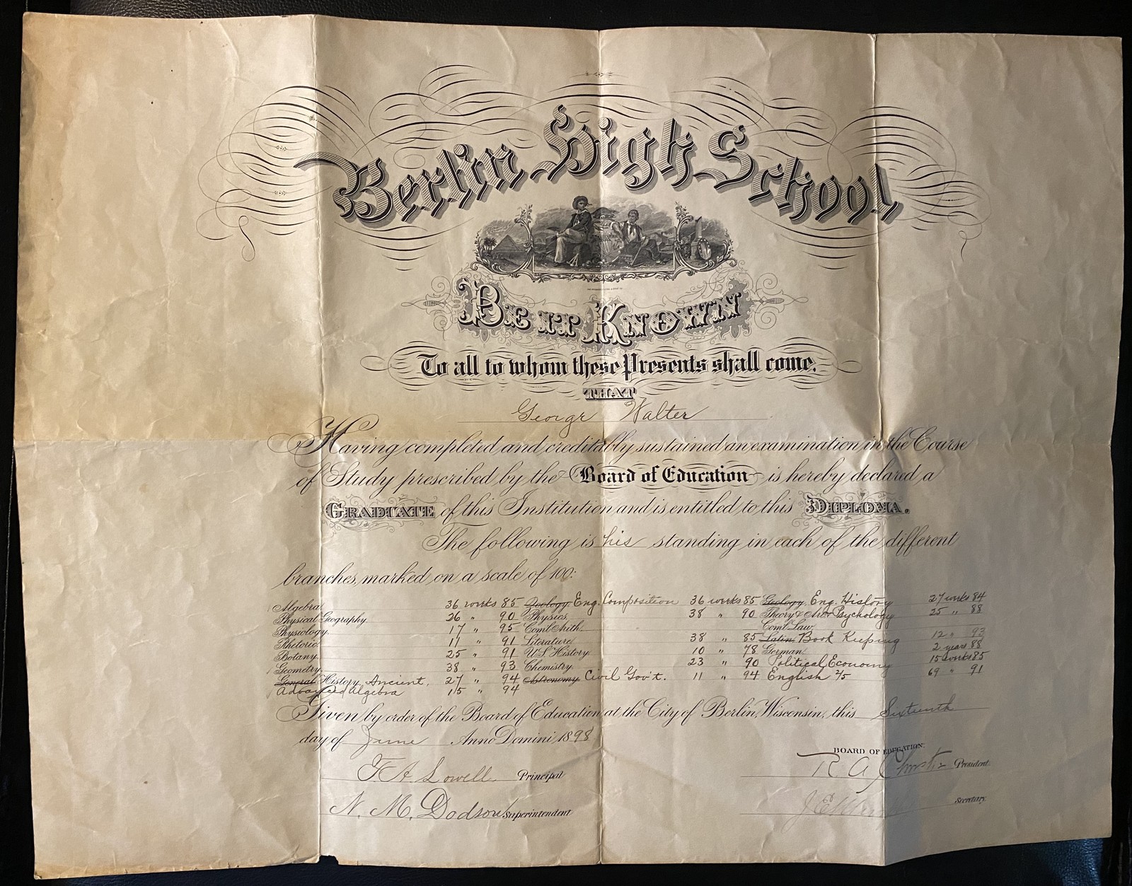 1898 Berlin Wisconsin High School Diploma - Large Historical Document ...
